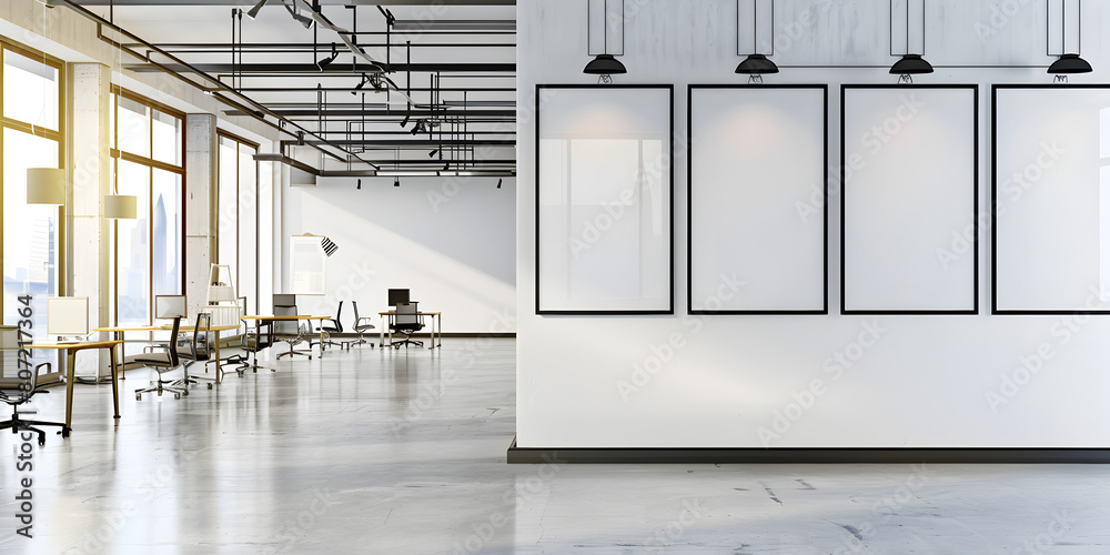 Many A3 sized vertical frames are mounted on a office wall background ...