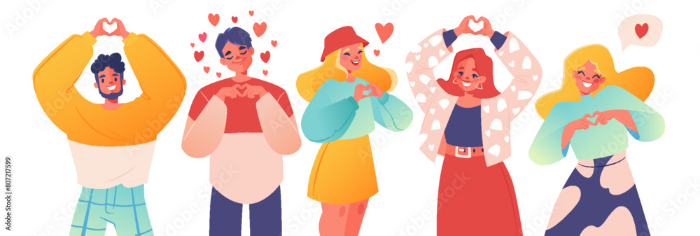 Body language. Bright illustration with characters showing heart ...