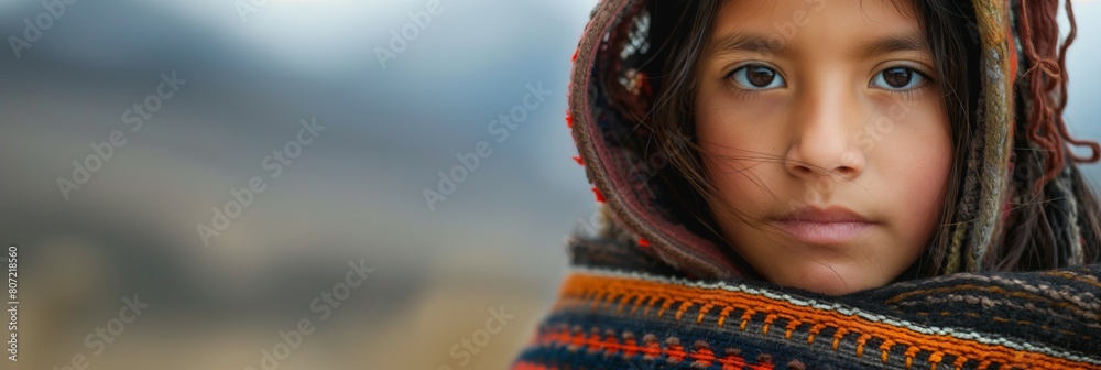 Thoughtful indigenous child wrapped in a colorful textile against a ...