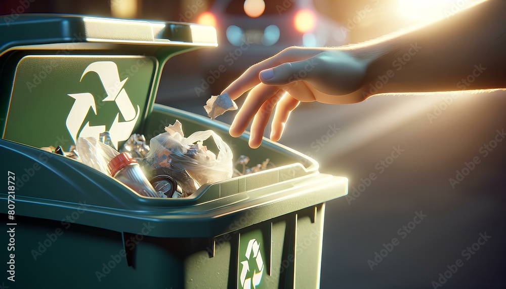 image of a hand disposing of recyclable material into a prominently ...