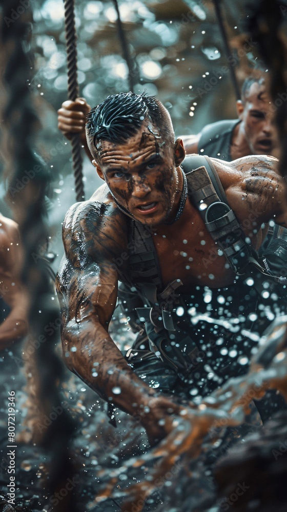 Cinematic scene of a marine in tactical attire and a bodybuilder ...