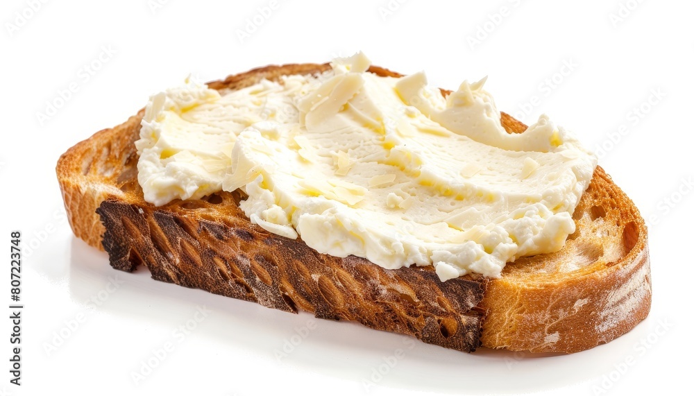Isolated white background with cream cheese spread on a slice of bread ...