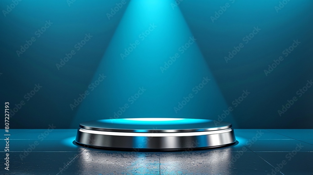 High-tech gadget launch scene with a sleek silver podium, spotlight and ...