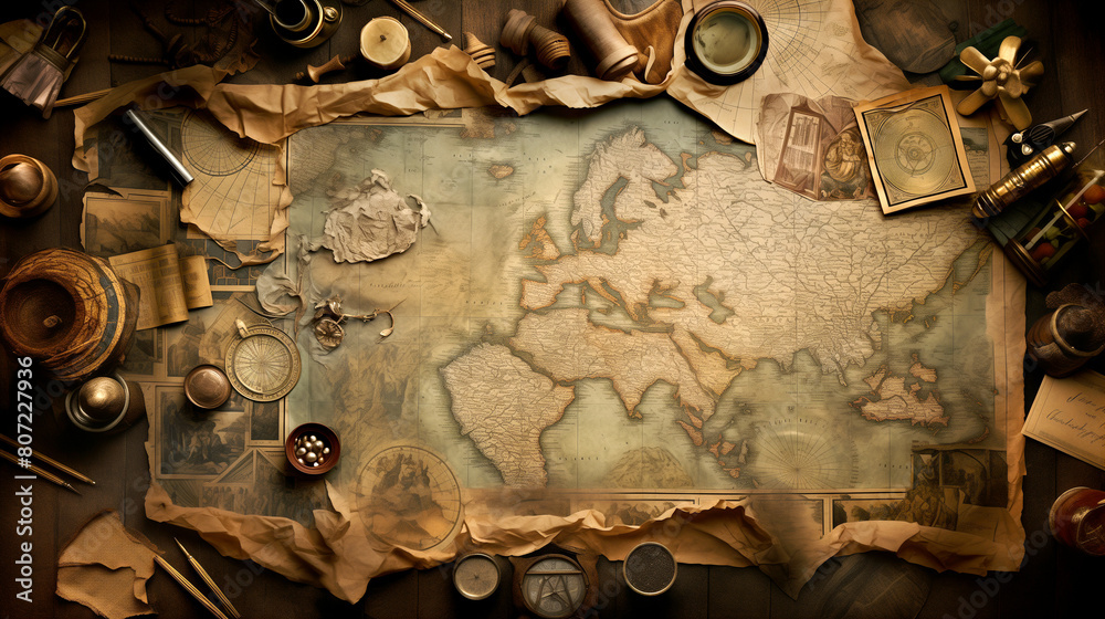 background with antique clock old compass and map retro vintage antique ...