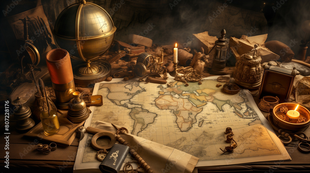 background with antique clock old compass and map retro vintage antique ...