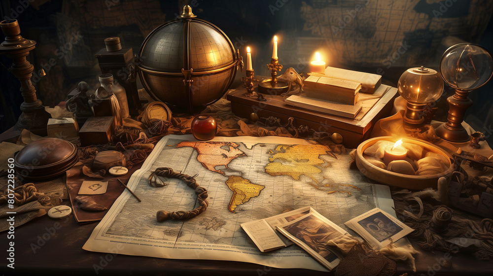 background with antique clock old compass and map retro vintage antique ...