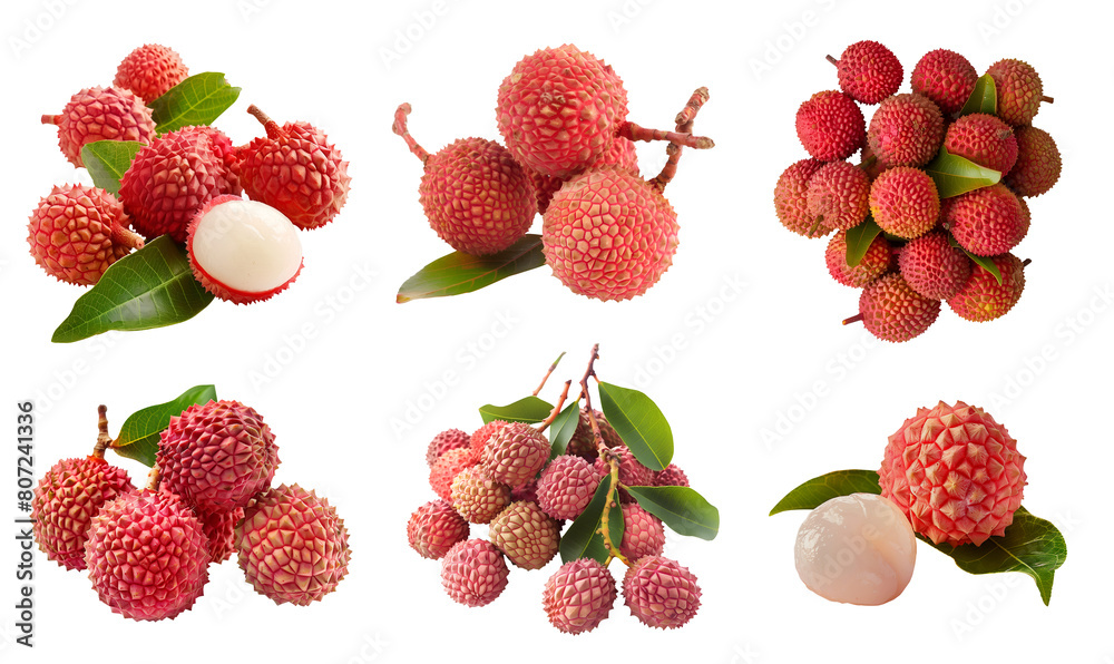 Lychee litchi lichee fruit, many angles and view side top front group ...