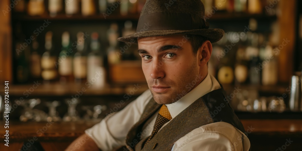 Stylish man donning a vest and fedora hat poses thoughtfully at a ...