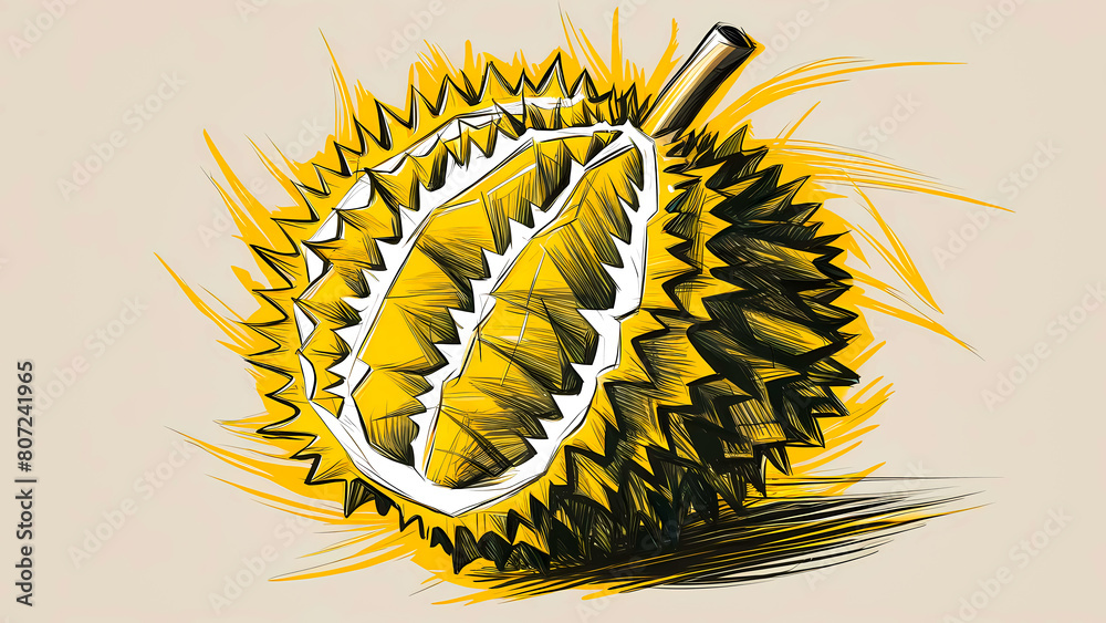 Illustration of the stinkiest fruit, durian. Durio in abstract hand ...