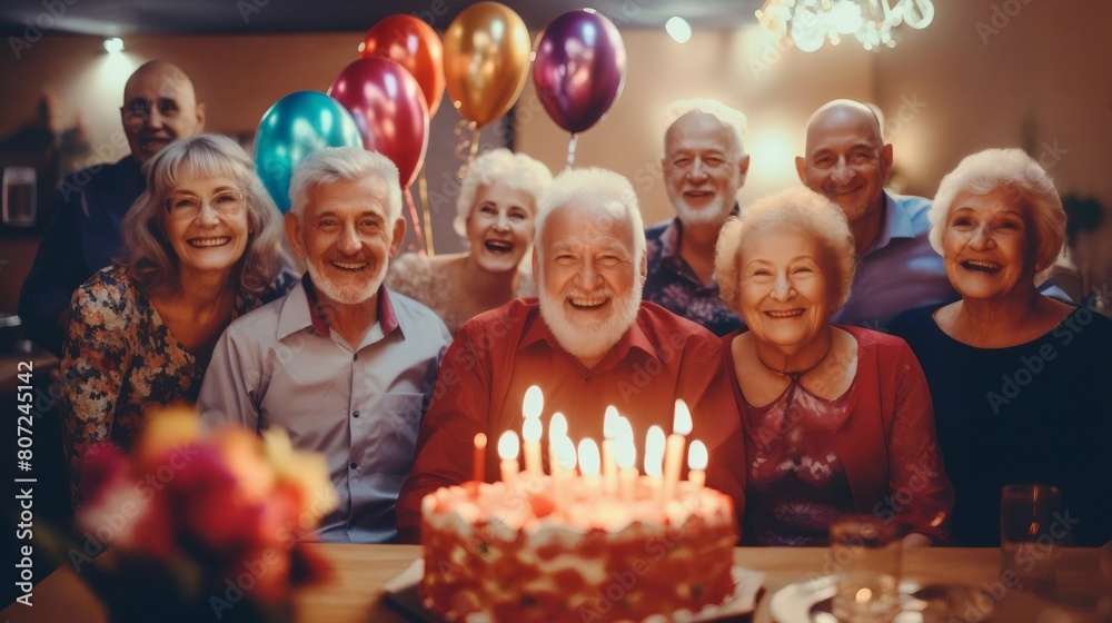 Senior woman, friends and birthday party and cake to blow candles, wish ...