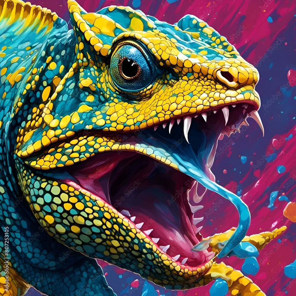 AI generated illustration of a yellow and blue chameleon catches a bug ...