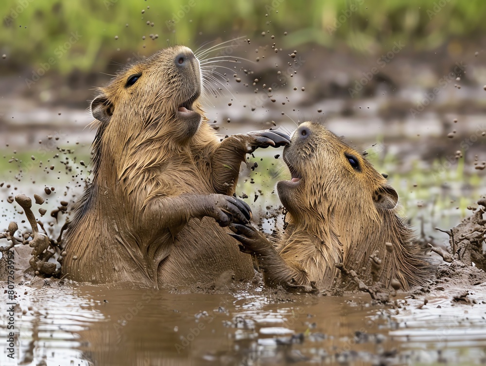 Two capybaras are wrestling in a mud puddle, their fur matted and their ...
