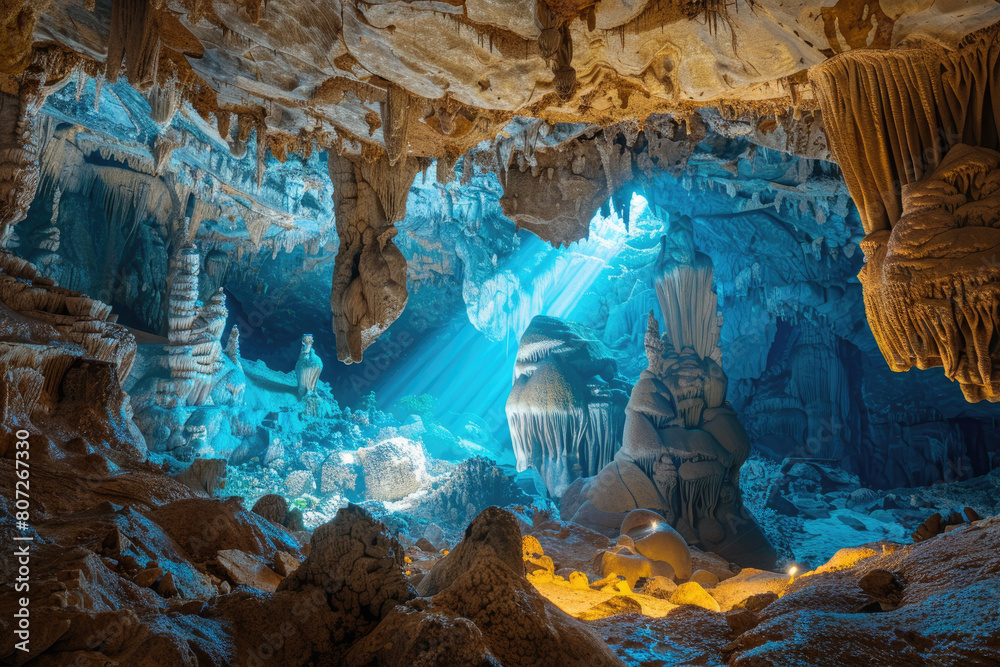 Beautiful karst cave inside mountain, entrance of cavern with ...