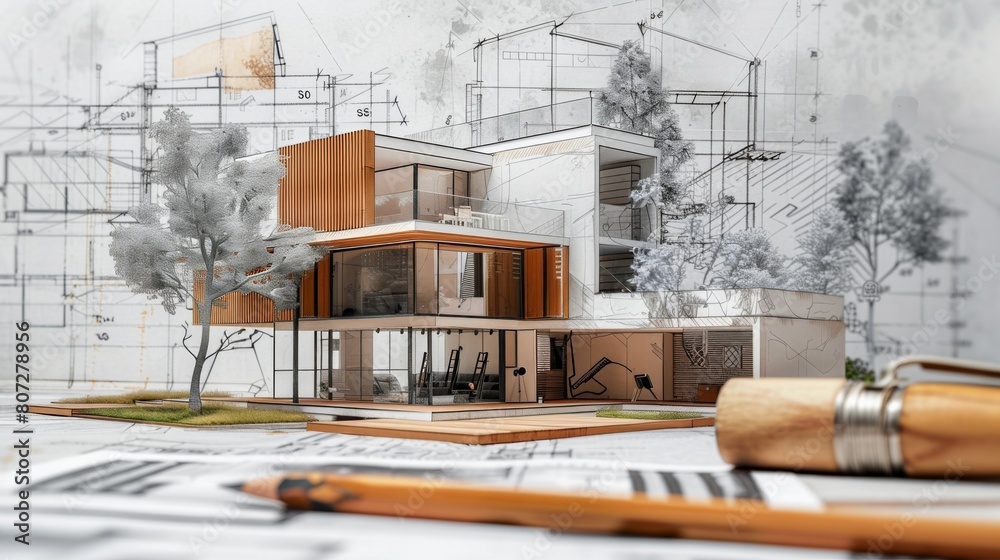 A fantastical drawing of a house playfully balanced on top of a table ...