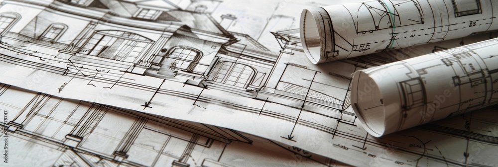 A collection of intricate architectural drawings piled high, showcasing ...