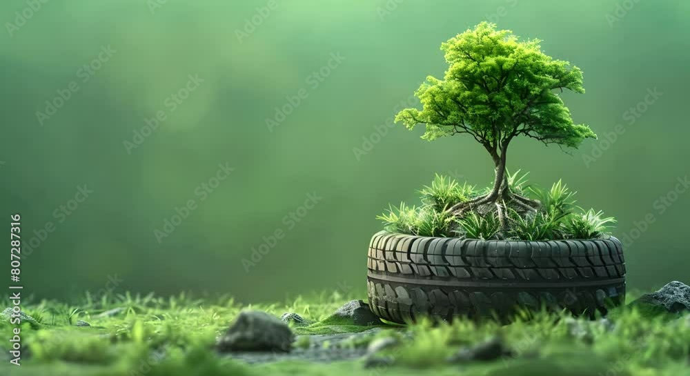 Creative design of tire wheel with green background and tree growing ...