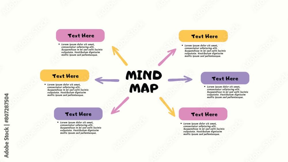 Vecteur Stock Colorful 6 Options Mind Map Brainstorm, Mind mapping ...
