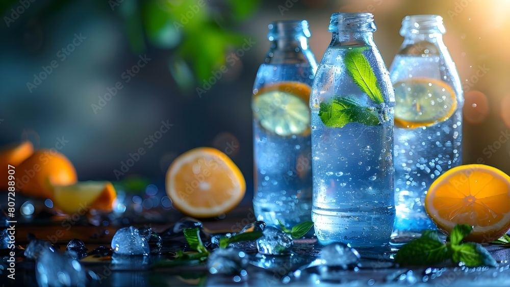 Energizing glass bottle of sparkling mineral water for a healthy ...