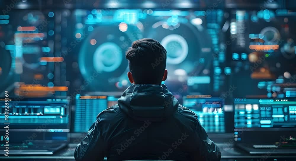 Skilled cyberpunk hacker in futuristic setting surrounded by ...