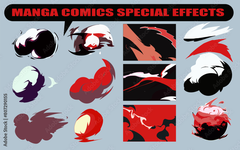 Big set of manga visual vector cartoon effects of smoke and fire blast ...