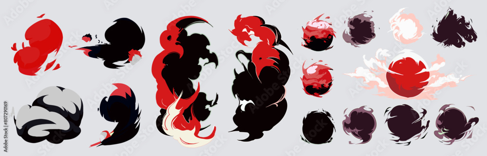 Big set of manga visual vector cartoon effects of smoke and fire blast ...