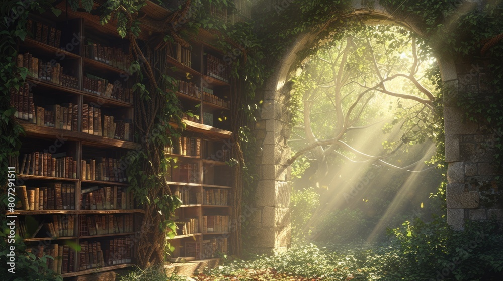 An ancient library in a hidden forest, overgrown with ivy, books filled ...