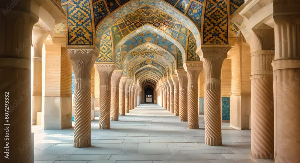 Symmetrical arches and columns in a mosque hallway leading to ornate ...