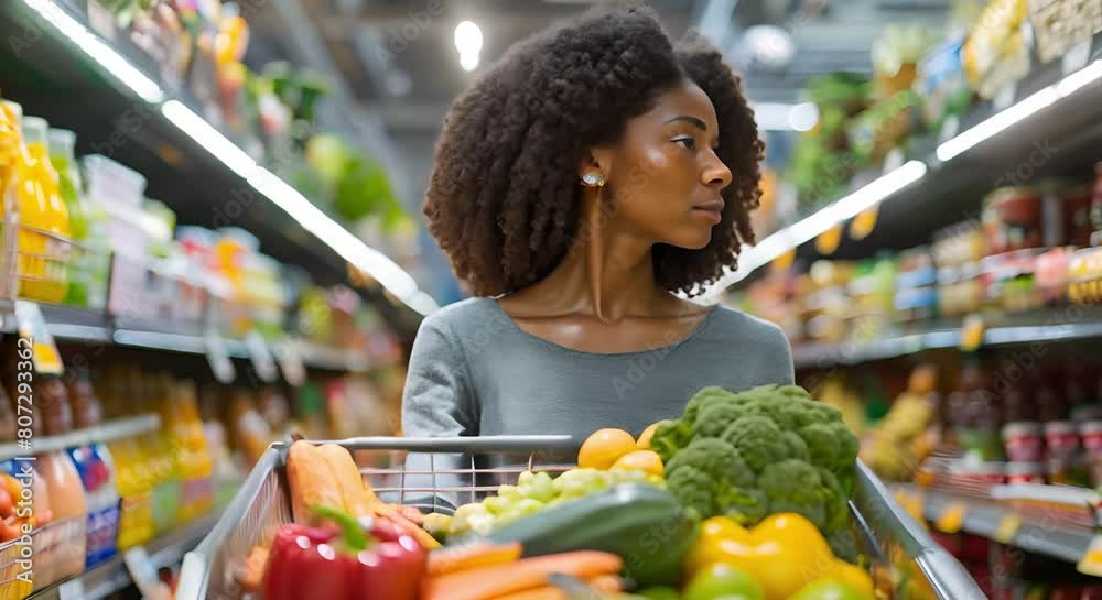 Black woman grocery shopping with cart in store. Concept Black woman ...