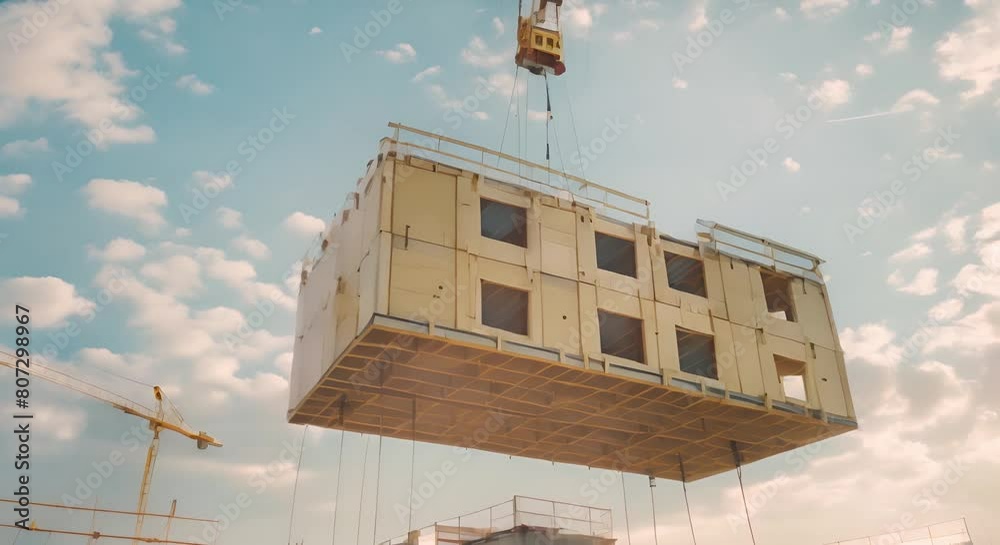 Wooden modular building pieces lifted by crane into Berlin office ...