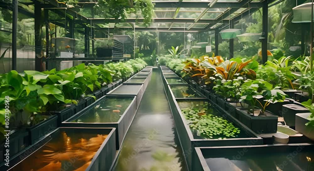 Modern aquaculture farm with rows of fish tanks surrounded by lush ...