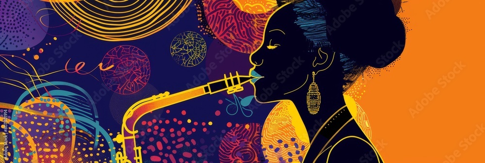 African music, woman silhouette and musical instruments, color poster ...
