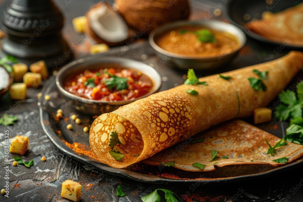 South Indian Masala Dosa in Cone Shape with Chutney and Sambar ...