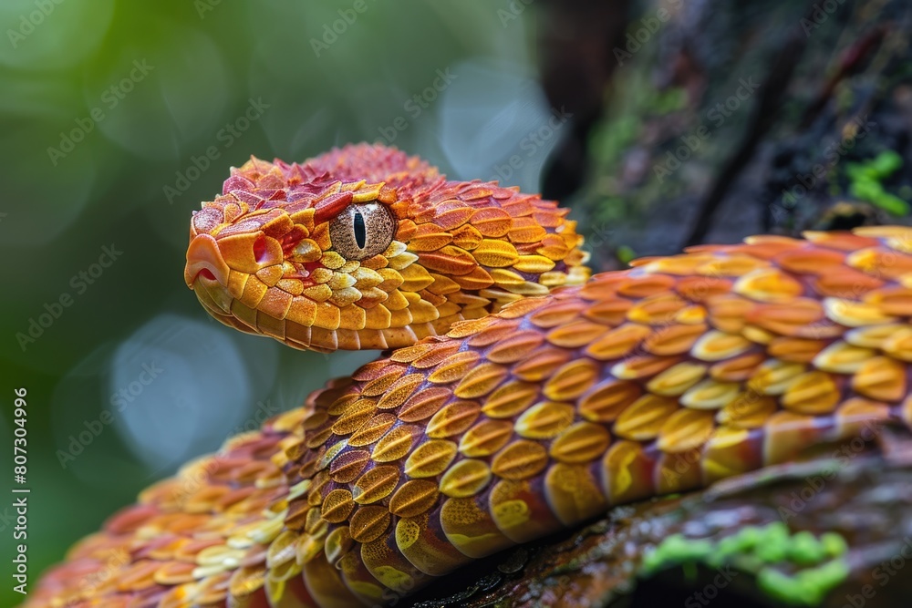 Red Bush Viper Shedding Skin in African Rainforest. Venomous Snake ...