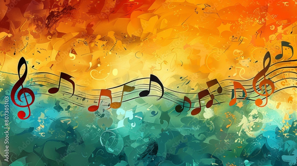 Colorful abstract music background with vibrant musical notes and ...