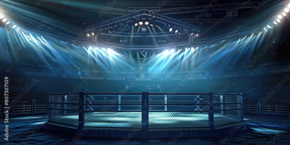 MMA Arena with Spotlights. Vibrant Fight Night View with Full Tribune ...