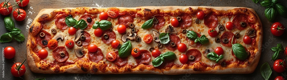 gourmet pizza surrounded by fresh ingredient, pizza frame border on ...