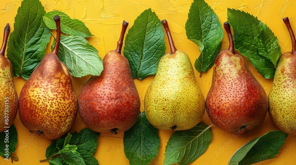 A cluster of pears with green foliage resting on a golden background ...