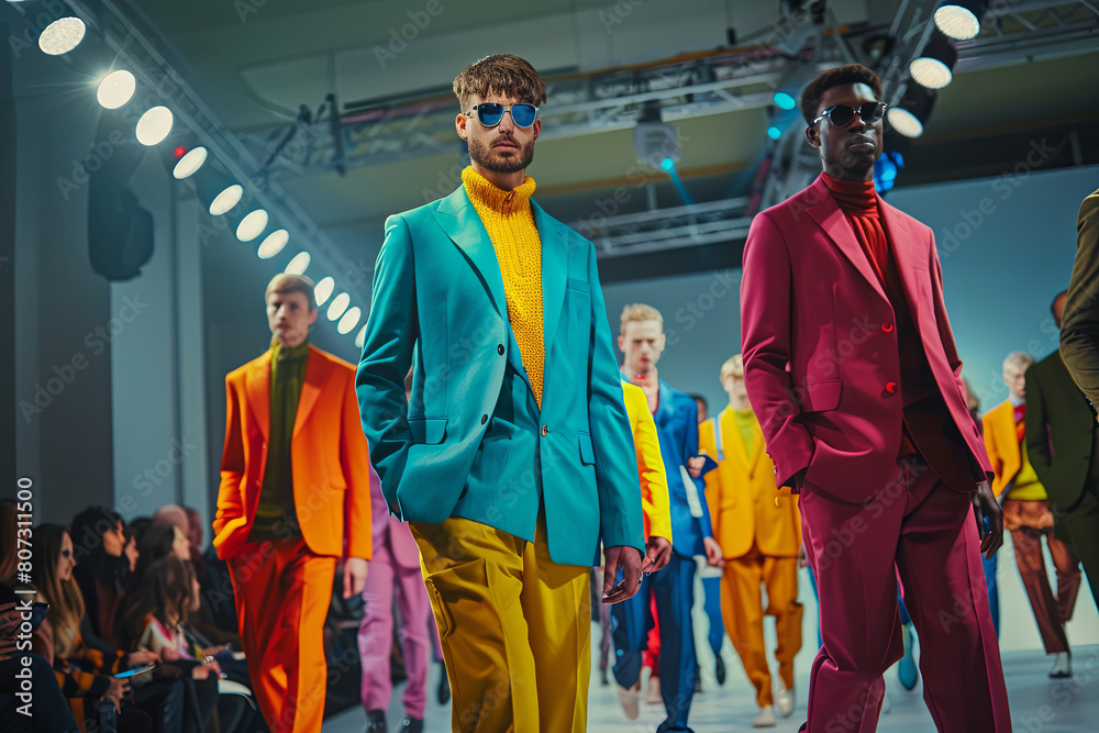 Male models walk the runway in different modern and colourful suits ...