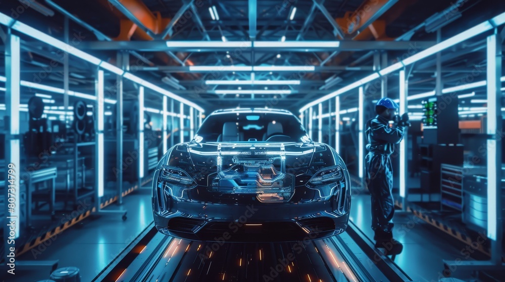Automotive engineer using advanced technology at futuristic assembly ...
