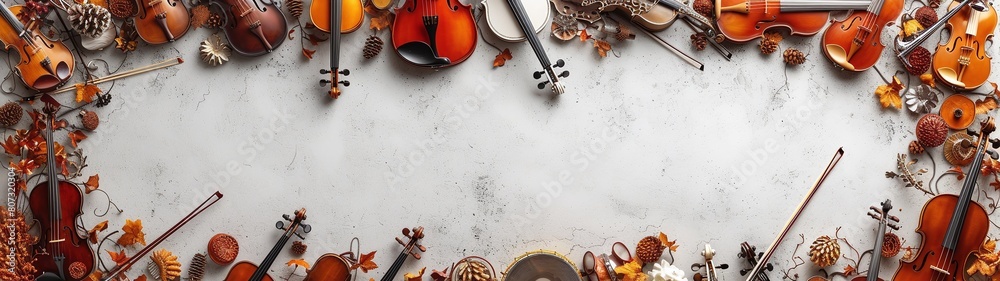 violin and bow border background arrangement, musical instrument frame ...