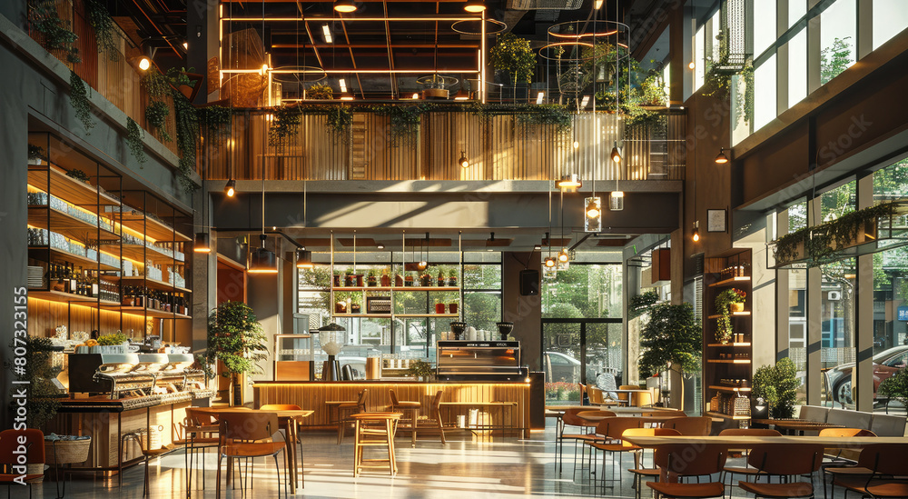 Cafe interior design, with a large open space, two-story structure ...