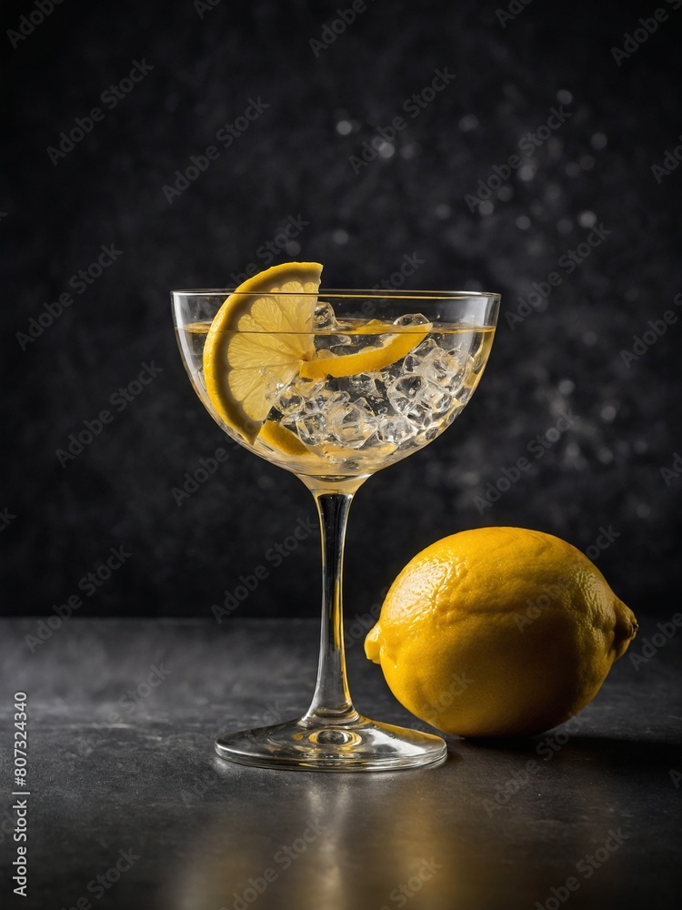 Cocktail glass, filled to brim with ice cubes, stands out against dark ...