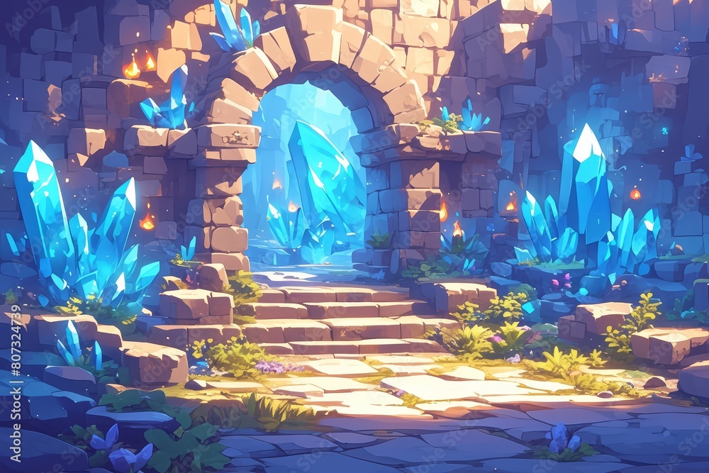 Cartoon cave entrance with torches and magical crystals Stock Photo ...