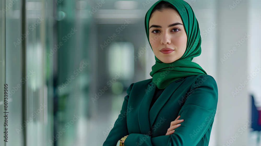 muslim business woman with headscarf, wearing green business attire ...