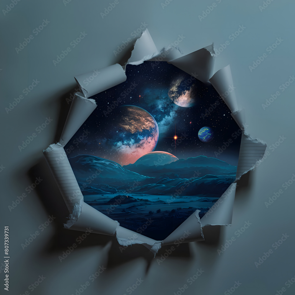 The landscape is revealed through torn textured paper, creating a ...