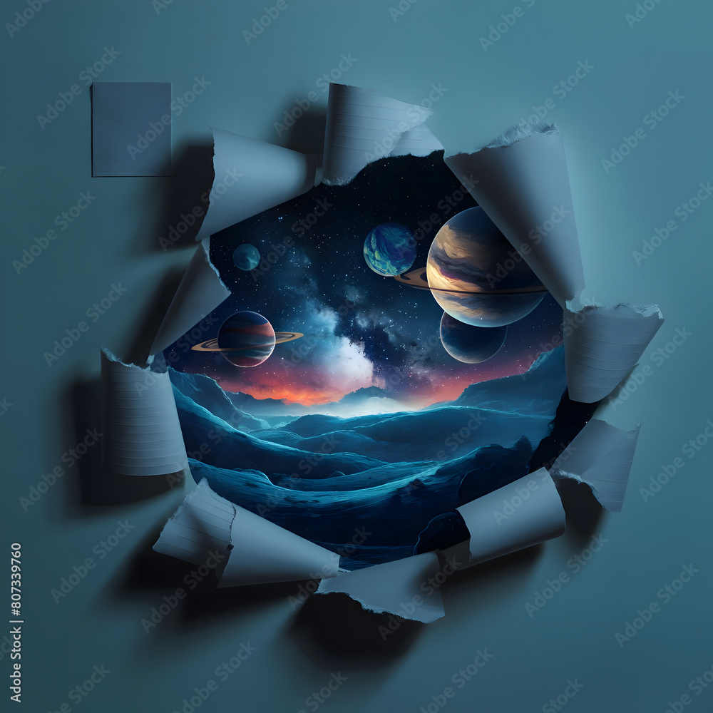 The landscape is revealed through torn textured paper, creating a ...