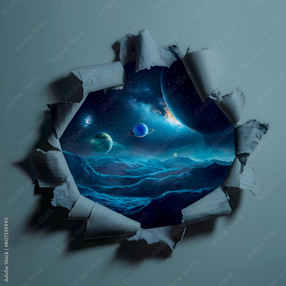 The landscape is revealed through torn textured paper, creating a ...