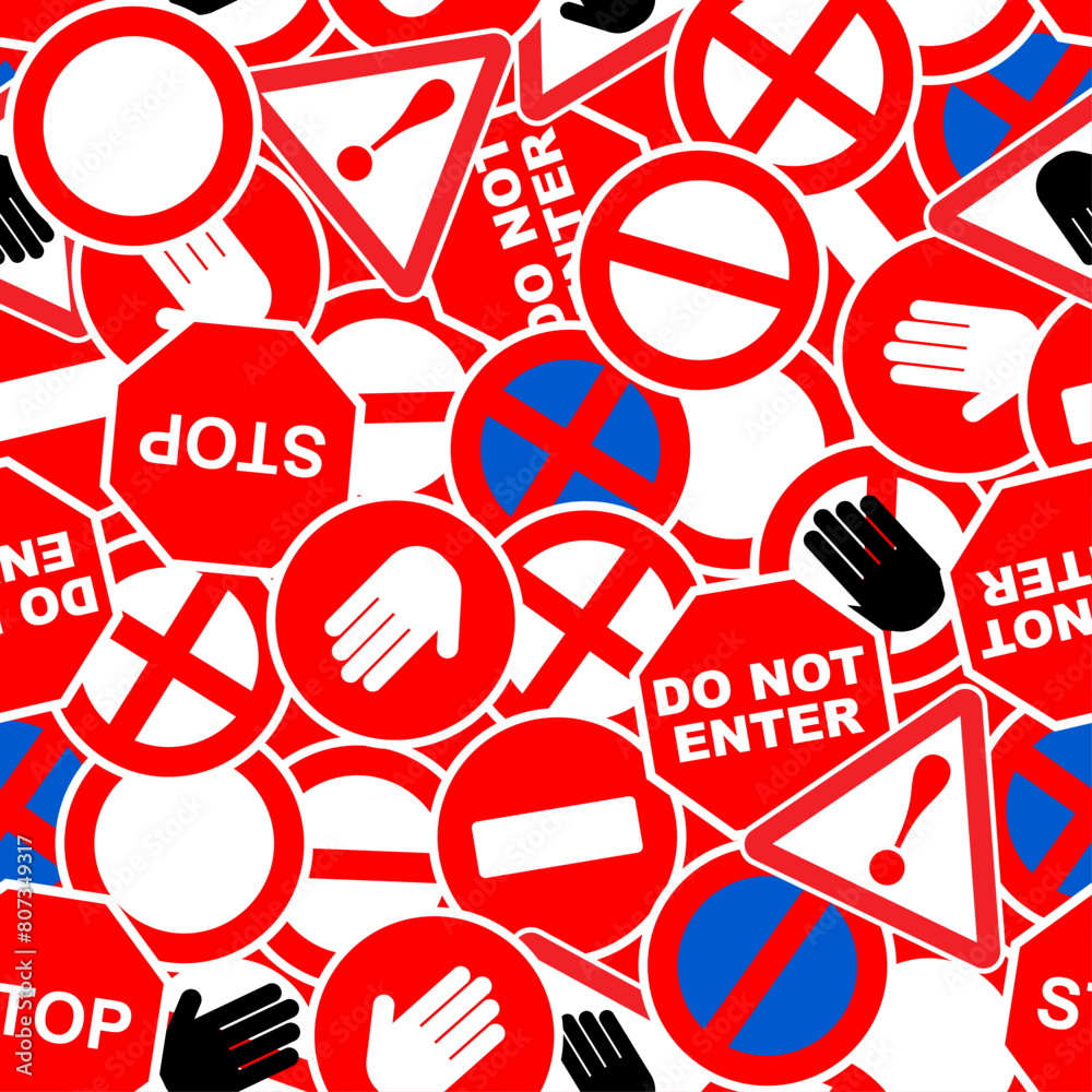 Set of road prohibition signs pattern seamless. Red sign of danger and ...