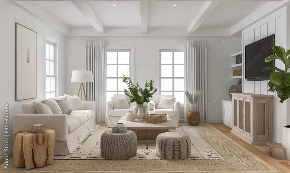 Living room interior design with simple lines and a monochromatic color ...