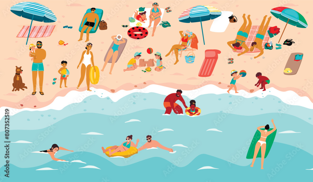 Summer vacation cartoon illustration with people relaxing on the sea ...